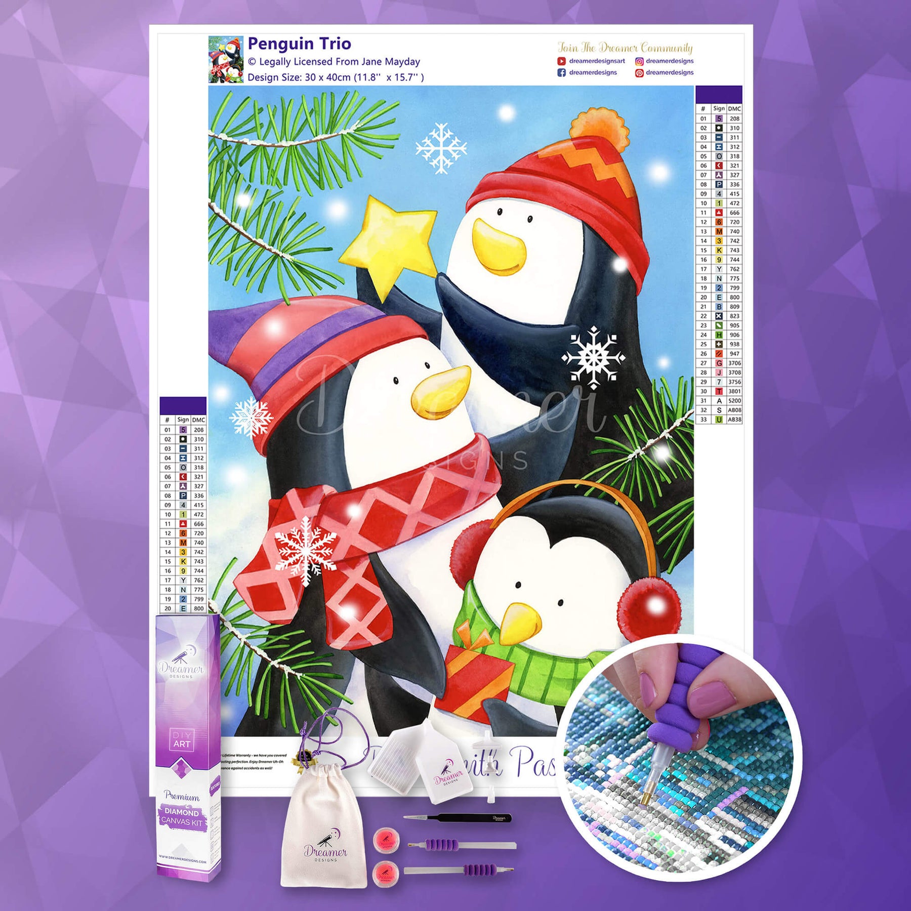 Penguin Trio Full Coverage Diamond Art Kit - Dreamer Designs